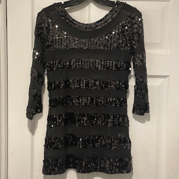Azi | Tops | Azi Sequinsheer Black Scoop Stretch Neck 34sleeve Blouse ...